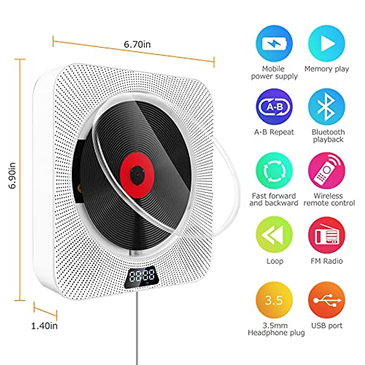 Wall Mountable CD Player Bluetooth: CD Player for Home with LCD Display Remote Control - Built-in HiFi Speakers FM Radio, Support CD/MP3/USB/TF/AUX Input Output/time and Alarm Clock