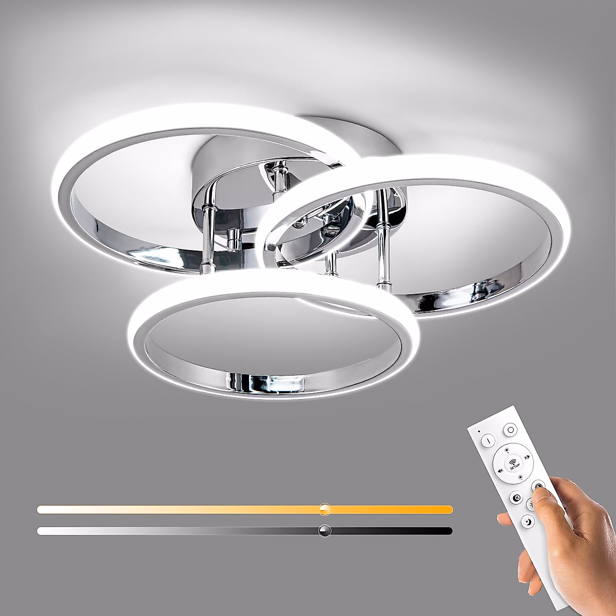15.74IN Dimmable LED Modern Flush Mount Ceiling Light Fixture with Remote Control, Chrome 3000K-6500K 3-Color Dimming Circle Modern Chandelier, Close to Ceiling Bedroom Kitchen Cloakroom Lamp