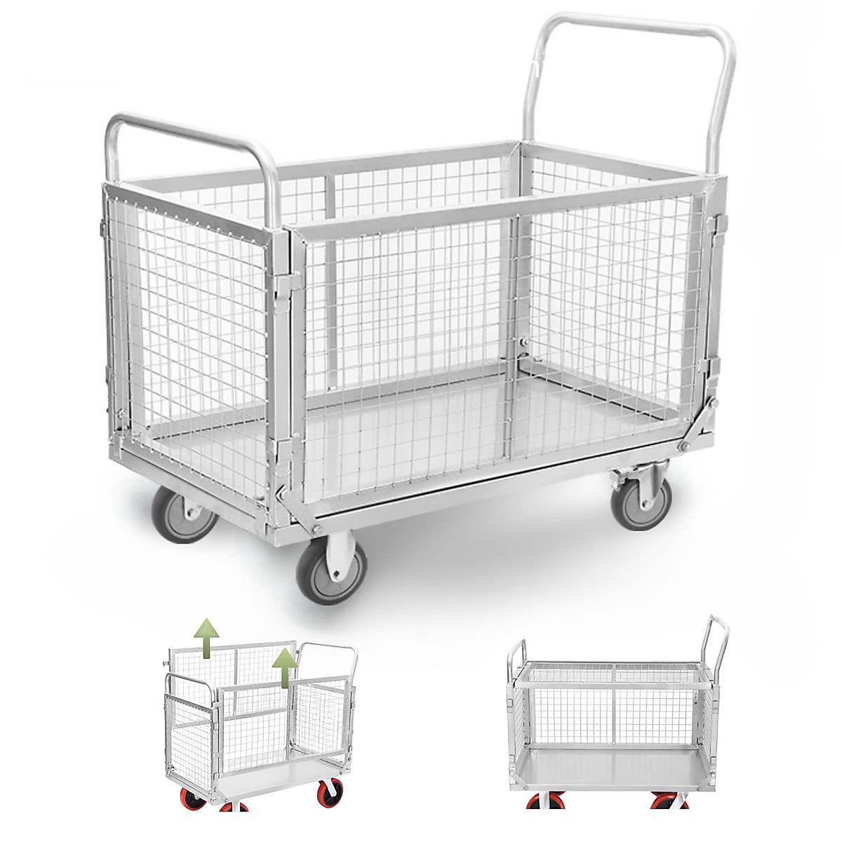 Platform Truck Cart with Cage Heavy-Duty Hand Cart 1600 lb Capacity Commercial Multi-Use Silent Durable Wheels Easy to Clean for Industrial Warehouse Supermarket Medical Facilities