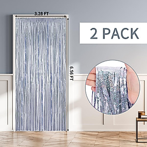 RUBFAC 2 Pack Shimmer Silver Backdrop Party Decorations Foil Fringe Curtains Tinsel Metallic Streamers Photo Booth Streamer for Bachelorette Wedding Engagement Baby Shower Birthday Party Supplies