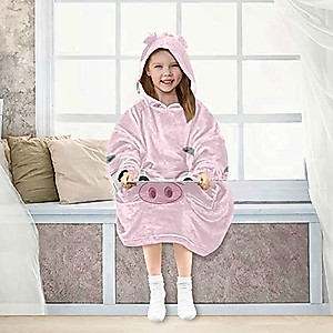 Kigai Happy Pig Wearable Blanket Hoodie,Double-Layer Flannel Soft Warm Sweatshirt Blanket for Men Women Kids