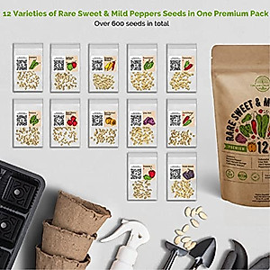 12 Rare Sweet & Mild Pepper Seeds Variety Pack for Planting Indoor & Outdoors. 600+ Non-GMO Pepper Garden Seeds: California Wonder Bell, Anaheim, Cubanelle, Pepperoncini, Banana Peppers & More