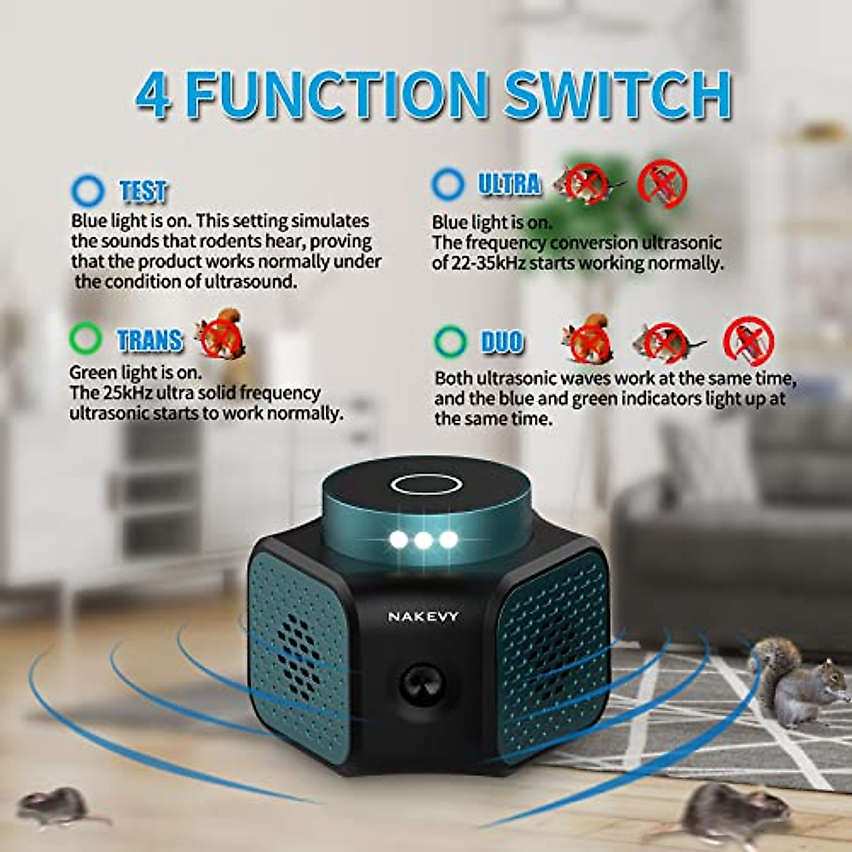 NAKEVY Plug in Rodent Repellent Indoor Pest Repeller Squirrels Mouse Deterrent Rat Control with Ultrasound Impulse LED Flashlights Predator Sounds for Home Attic Garage RV Green