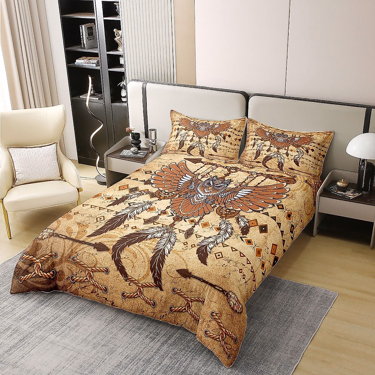 Western Owl 100% Nature Cotton Duvet Cover King Size,Retro Bohemian Dream Catcher Super Soft Bedding Set,Aztec Tribal Geometric Diamond Triangles Comforter Cover Bedding 3 Piece (No Comforter)