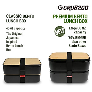 GRUB2GO Premium Bento Lunch Box (Large 68 Oz Capacity) | 2023 Exclusive, 70% Bigger | Includes Bamboo Chopping Board Lid, Carry Bag, 2 Dividers, Utensils, Sauce Container