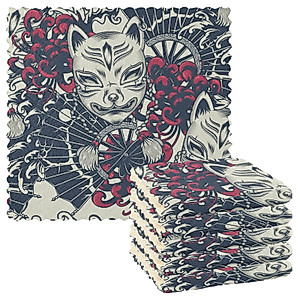 Bolaz Dish Cloths Dish Towels Kitchen Towels 6 Pack Sets Absorbent Vintage Japanese Kitsune Soft Decorative Reusable Nonstick Oil Washable