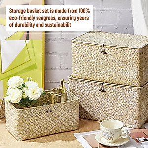 Kigley 6 Pcs Seagrass Basket with Lid Wicker Storage Decorative Boxes with Lids Bin Woven Organizer for Shelf Closet Bedroom, 6 Sizes(Classic Style,White)