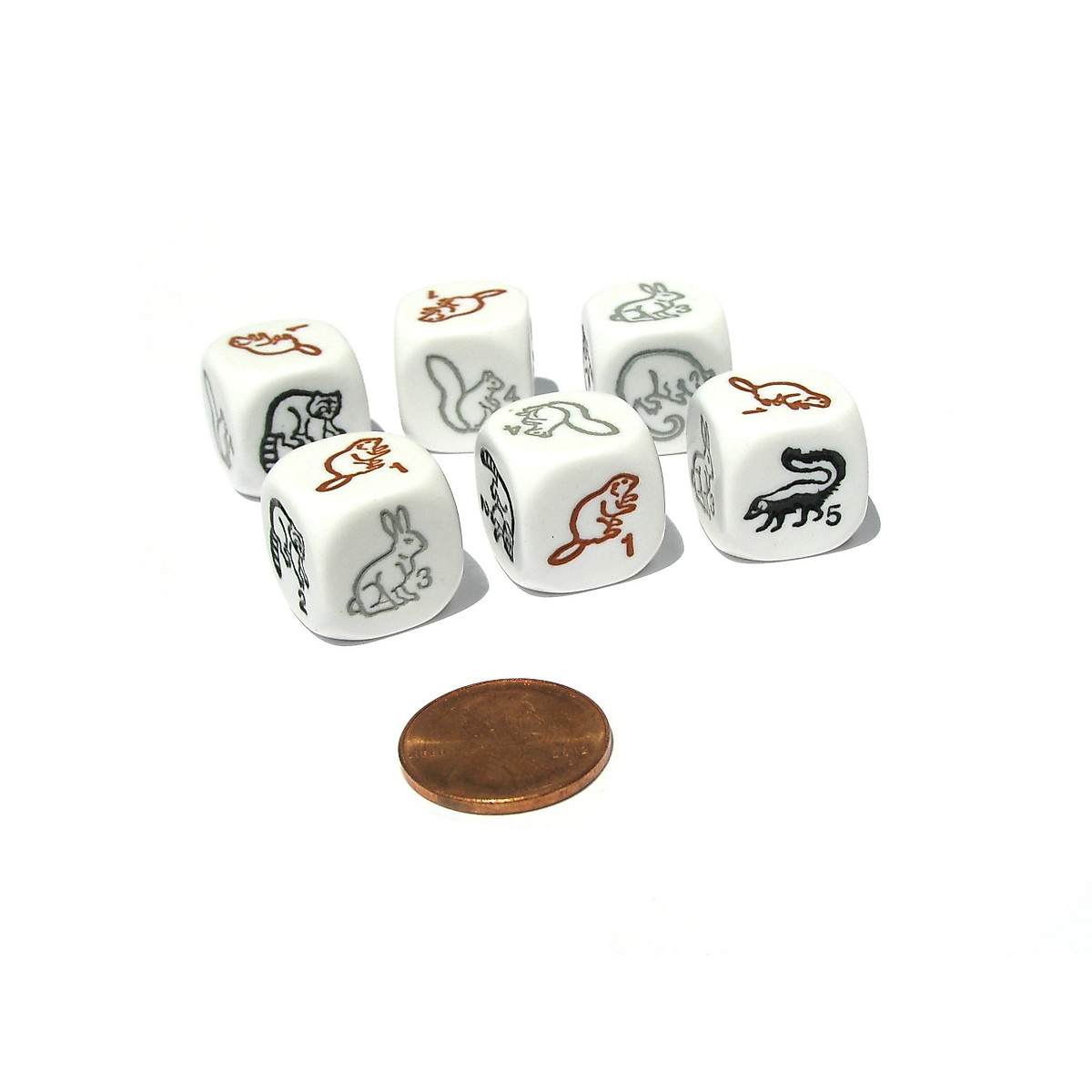 Koplow Games Set of 6 Woodland Creatures 16mm D6 Animal Dice - White with Multi-Color Etches
