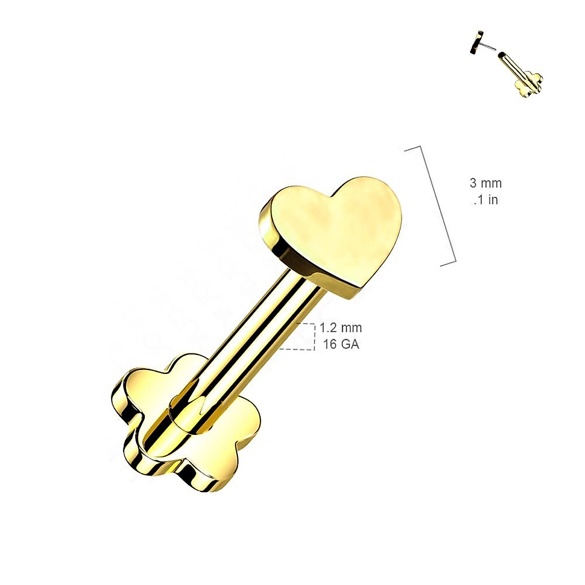 Pierced Owl 16GA G23 Implant Grade Titanium Heart Top Threadless Push in Flower Base Stud (Silver Tone)