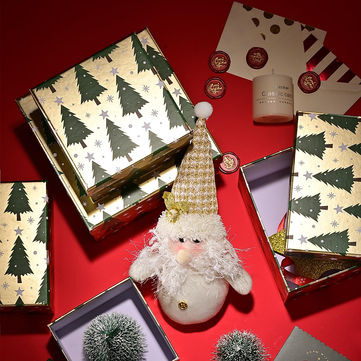 PAPER FAIR 5PCS Christmas Nesting Gift Boxes Set, Gold Foil Green Xmas Tree Flat Square Cardboard Nested Box with Lid, for Gift Wrapping Holiday Present Birthday, Assorted Size