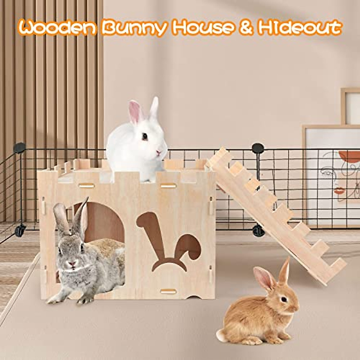 BWOGUE Extra Large Wooden Rabbit Castle Bunny House and Hideouts Detachable Small Animal Play Hideaway Hut for Indoor Adult Rabbit Guinea Pig Chinchilla Habitat