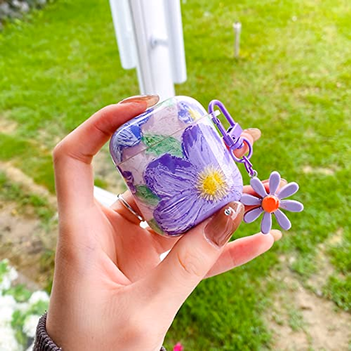 Lovmooful AirPods Case for Airpods 2 & 1, Cute Oil Painting Flower Pattern with Flower Keychain Design Cover for Women Girls Shockproof Protective TPU AirPods 1&2 Charging Case - Purple2