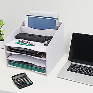 SONGWAY Desk File Organizer and Accessories Storage - Desktop Organizer with Horizontal and Vertical File Folder Holders, Letter Mail Sorter, 4 Tier Paper Organizer for Desk Home Office School