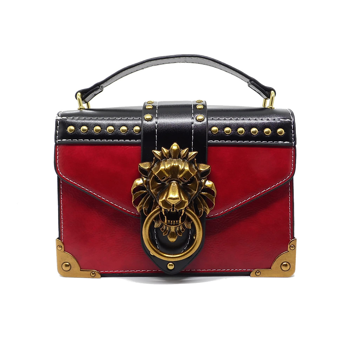 Women Vegan Faux Leather Regal Design Lion Head Handbag Crossbody Purse Bag (Red)