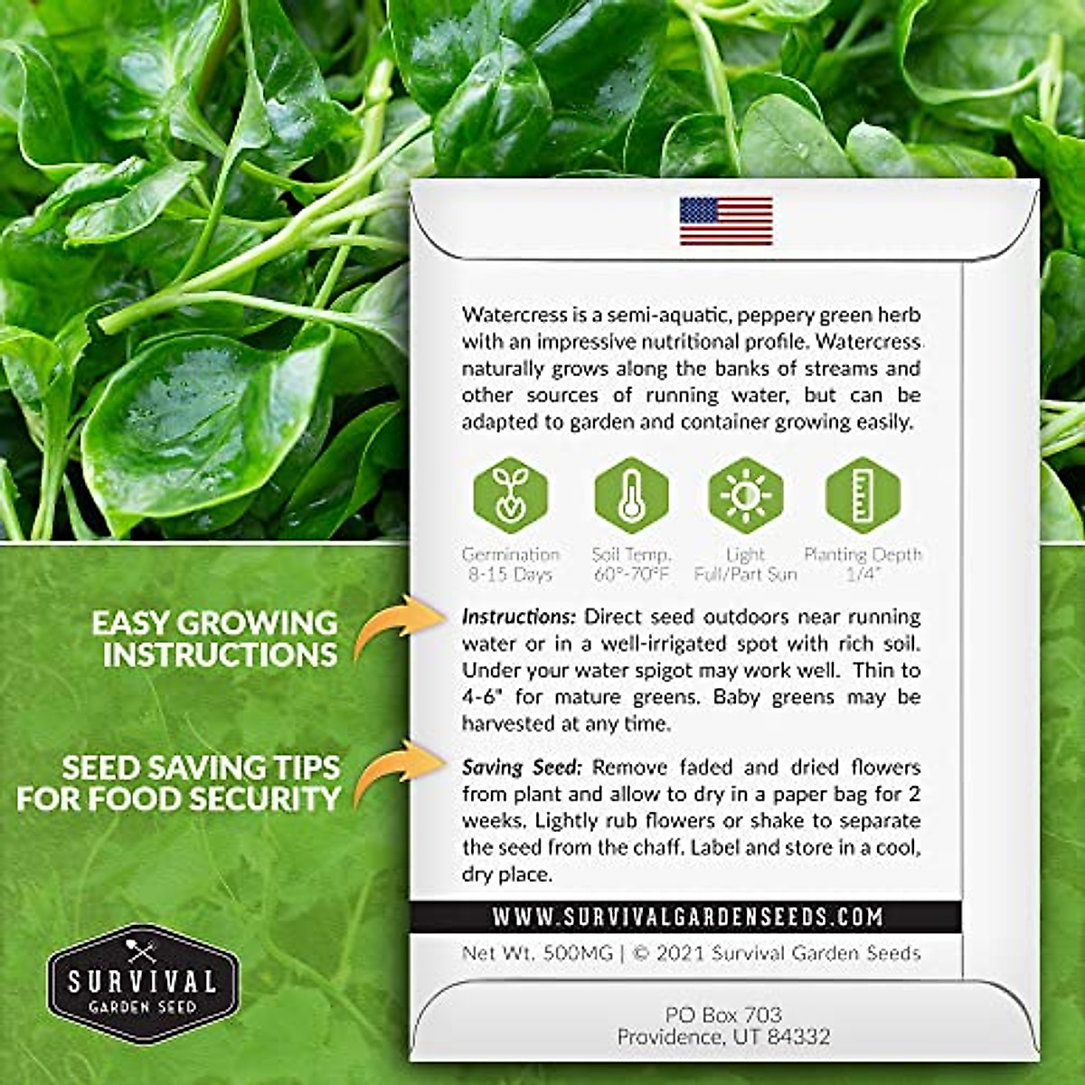 Survival Garden Seeds - Watercress Seed for Planting - Packet with Instructions to Plant and Grow Nasturtium officinale in Your Home Vegetable Garden - Delicious Superfood Non-GMO Heirloom Variety