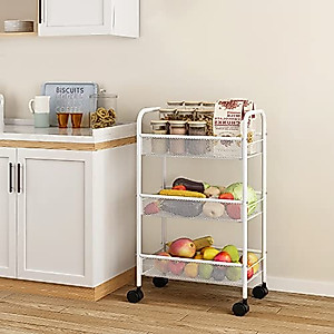 Simple Trending 3 Tier Metal Rolling Storage Cart, Utility Organizer Cart Storage Shelves with 4 Wheels for Kitchen Bathroom, White