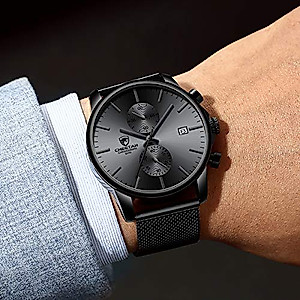 GOLDEN HOUR Men’s Watch Fashion Sport Quartz Analog Mesh Stainless Steel Waterproof Chronograph Watches, Auto Date in Grey Hands, Color: Black