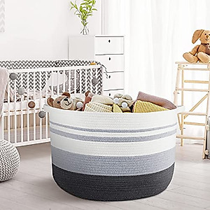 WISELIFE Storage Basket Large Cotton Rope Basket 21.7"x 21.7" x 13.8" Baby Laundry Basket with Handle Big Basket Soft Nursery Cube Bin Durable Laundry Hamper for Living Room(Gradient Grey)