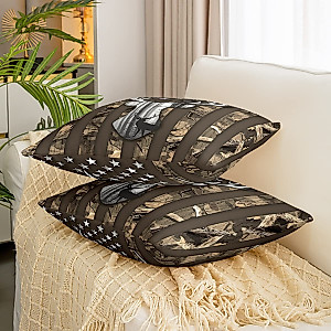 Camo American Flag Reversible Print Pillow Cover,Deer Antlers Brown Camouflage Pillowcase Soft Square 18"x18" Cushion Case,Wild Animal Branches Leaves Stars Throw Pillow Cover Set of 2 forRoom Decor