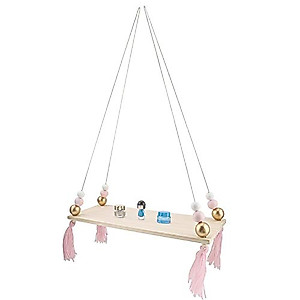 Mumusuki Wall Hanging Shelf with Round Beads Decorative Hanging Swing Rope Floating Shelves Storage Rack DIY Home Wall Hanging Decor(Pink + Gold)