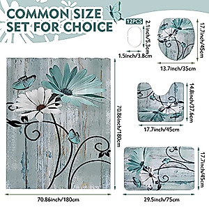 Moukeren 4 Pcs Teal Blue Daisy Butterfly Shower Curtain Set with Non Slip Rugs Toilet Lid Cover and Bath Mat Rustic Farmhouse Shower Curtain Turquoise Shower Curtain with Hooks Sets