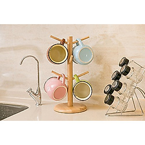 Bamboo Wooden Mug Rack Tree Coffee Tea Cup Organizer Hanger Holder with 6 Hooks Removable Bamboo Mug Stand by AHYUAN