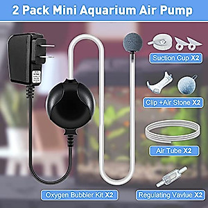 2 Pack Black Aquarium Air Pump Quiet 1.5W Oxygen Aerator Kit for Fish Tank 20 Gallon, Mini Air Pump for Fish Tank Pump with Air Pump Accessories Air Stone Tubing Suction Cup