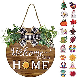 JPSOR Interchangeable Seasonal Welcome Sign, Round Wood Wreaths with 18 Seasonal Icons for Front Door, Farmhouse Home Porch All Seasons Outside Decor