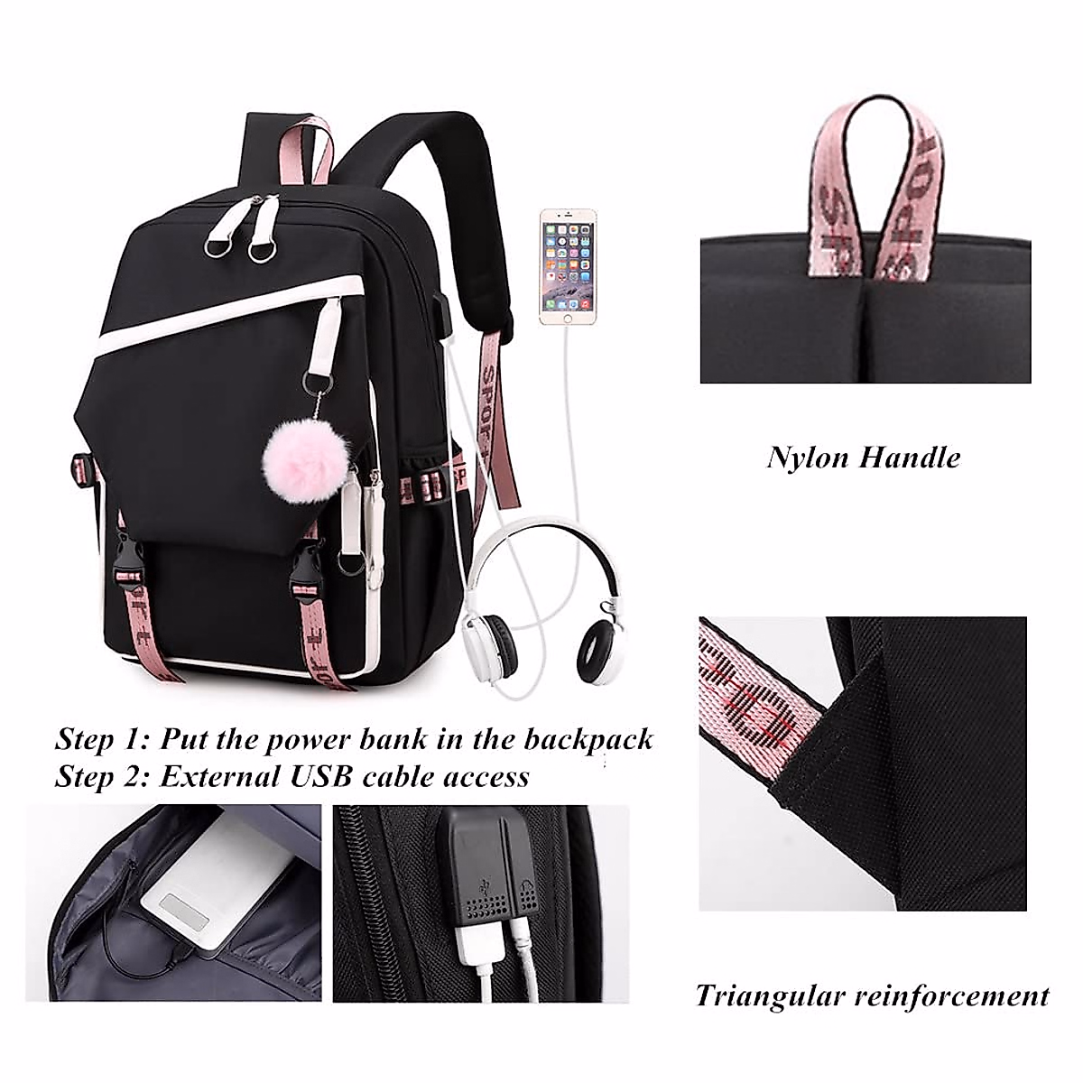 LANSHIYA Backpacks for Teen Girls with USB Charging Port Kids Outdoor Daypack Middle School Students Solid Color Bookbag