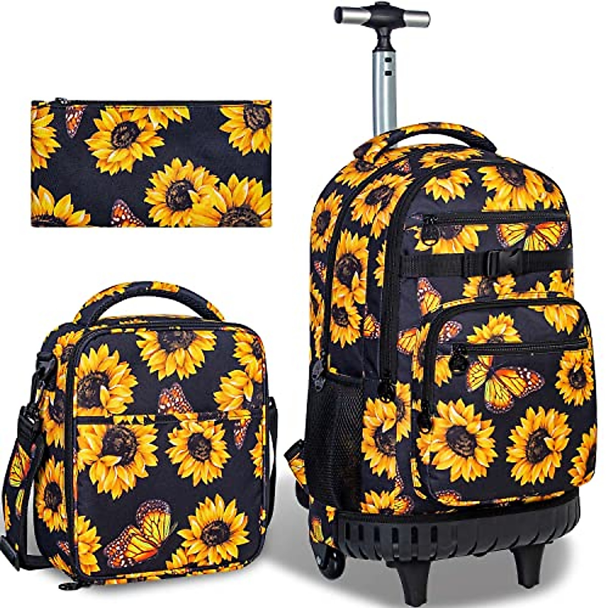 Rolling Backpack for Girls, 21 Inch Roller Wheeled Sunflower Flowers Bookbag for Students School, Water Resistant Elementary Travel Backpacks with Wheels