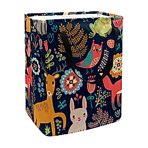 Forest Animals Owl Hedgehog Deer Fox Rabbit Print Collapsible Laundry Hamper, 60L Waterproof Laundry Baskets Washing Bin Clothes Toys Storage for Dorm Bathroom Bedroom