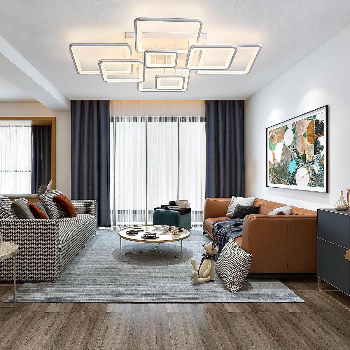 Shine LUEST Modern Dimmable LED Ceiling Lights, White Flush Mount Light Fixtures with Remote Control, Large Square 8-Ring Lamps for Living Room, Bedroom, 100W