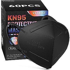 YUIKIO KN95 Face Mask,60 Pack Cup Protective Masks,5 Layers Filter Safety Mask Against PM2.5 Disposable KN95 Respirator Masks in Bulk (Black)