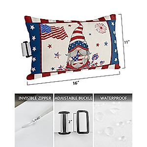 Recliner Head Pillow Ledge Loungers Chair Pillows with Insert Independence Day USA Flag Gnome Linen Lumbar Pillow with Adjustable Strap Outside Patio Decorative Garden Cushion for Bench Couch, 2 PCS