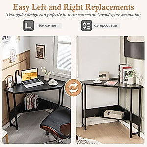 GOFLAME Corner Desk with Power Outlet, Triangle Computer Desk for Small Space, Space-Saving Writing Desk with Storage Shelf and Charging Station, Modern Laptop PC Desk for Home Office (Black)