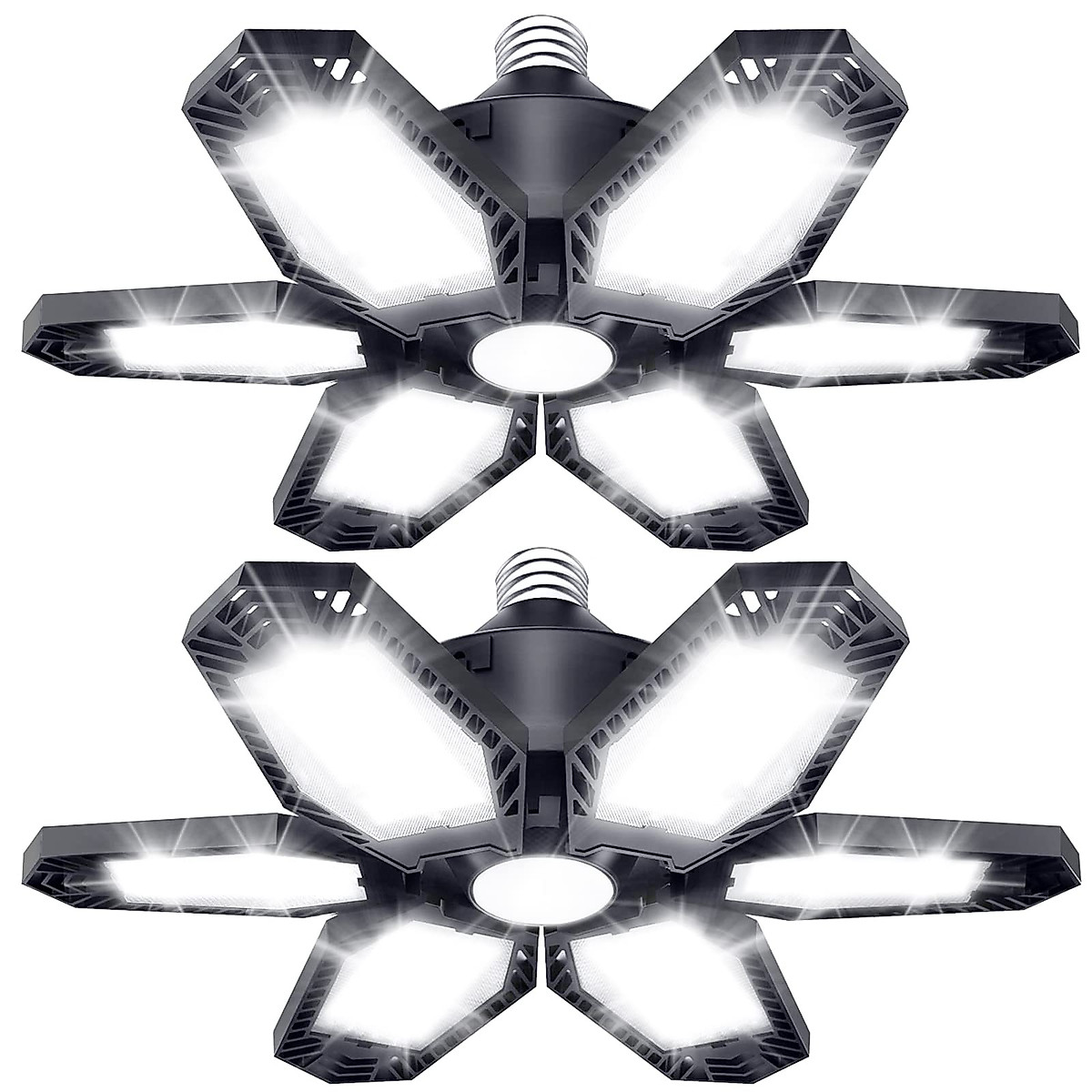 TANBABY 2 Pack LED Garage Lights, Total 30000LM Deformable Best Garage Light Ceiling LED Shop Lights, 150W E26/E27 LED Light Garage Lighting with 6+1 Adjustable Panels Garage Bulb for Basement, Attic