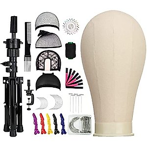 22 Inch Canvas Block Head Mannequin Wig Head (White), Wig Stand Tripod with Head, Mannequin Head Wig Display Styling Head With Mount Hole, Manikin Canvas Head Block Set for Wigs Making Display with Wig Caps, T Pins C Pins Set Bristle Brush