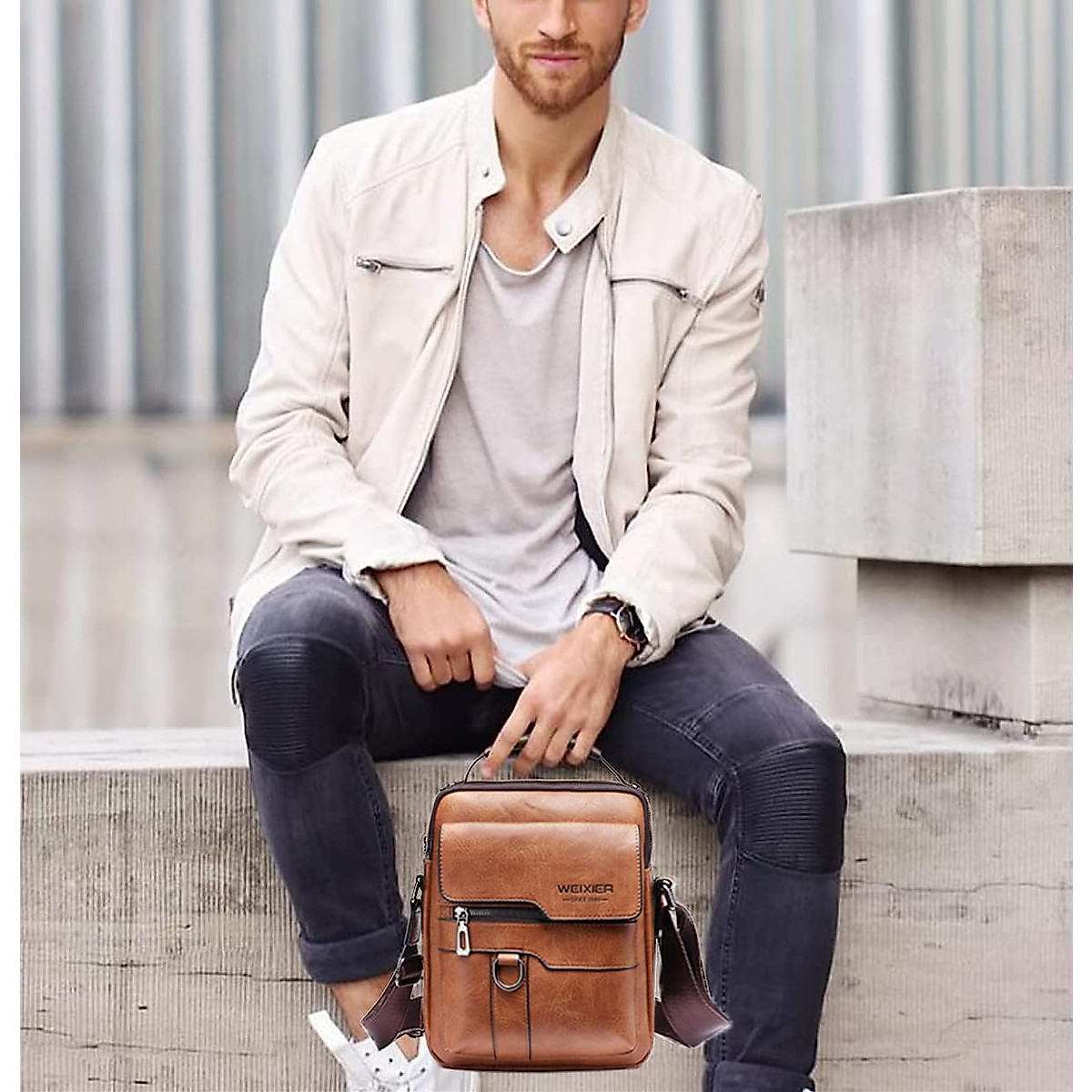 Hjkiopc Zipper Buckle Leather Messenger Bag Vintage Handle Bags (Red-brown)