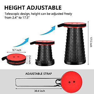 Upgraded Portable Collapsible Telescopic Stool, Sturdy Foldable Stool with Load Capacity of 400lbs, Retractable Camping Stool for Hiking, Fishing Tours BBQ Parties Indoor & Outdoor Activities(Red)