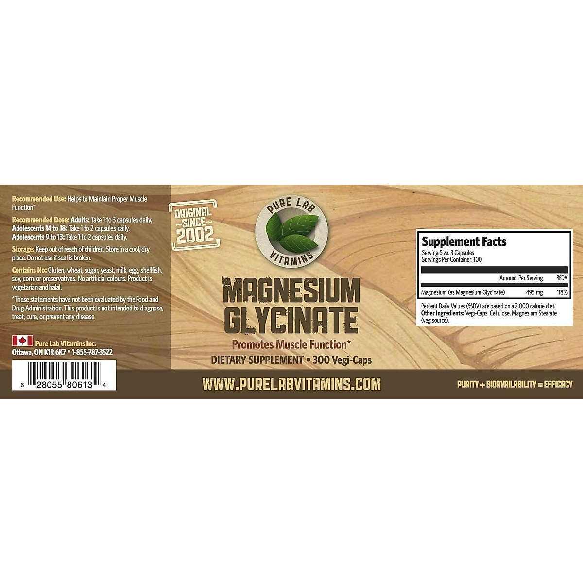 Magnesium Glycinate 165mg/caps (3 caps/Day for 500mg) - 300 caps - Magnesium Supplement from Canada - Magnesium Pills Supplement - Magnesio Glycinate Capsule Made in Canada