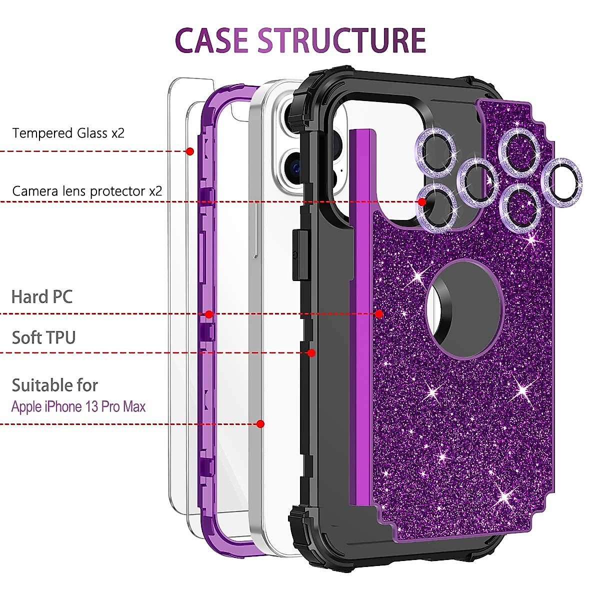 LONTECT for iPhone 13 Pro Max Case Glitter Sparkly Bling 3 in 1 Shockproof Heavy Duty Full Body Sturdy Protective Case for Apple iPhone 13 Pro Max with 2 Screen Protector+Camera Protector,Dark Purple