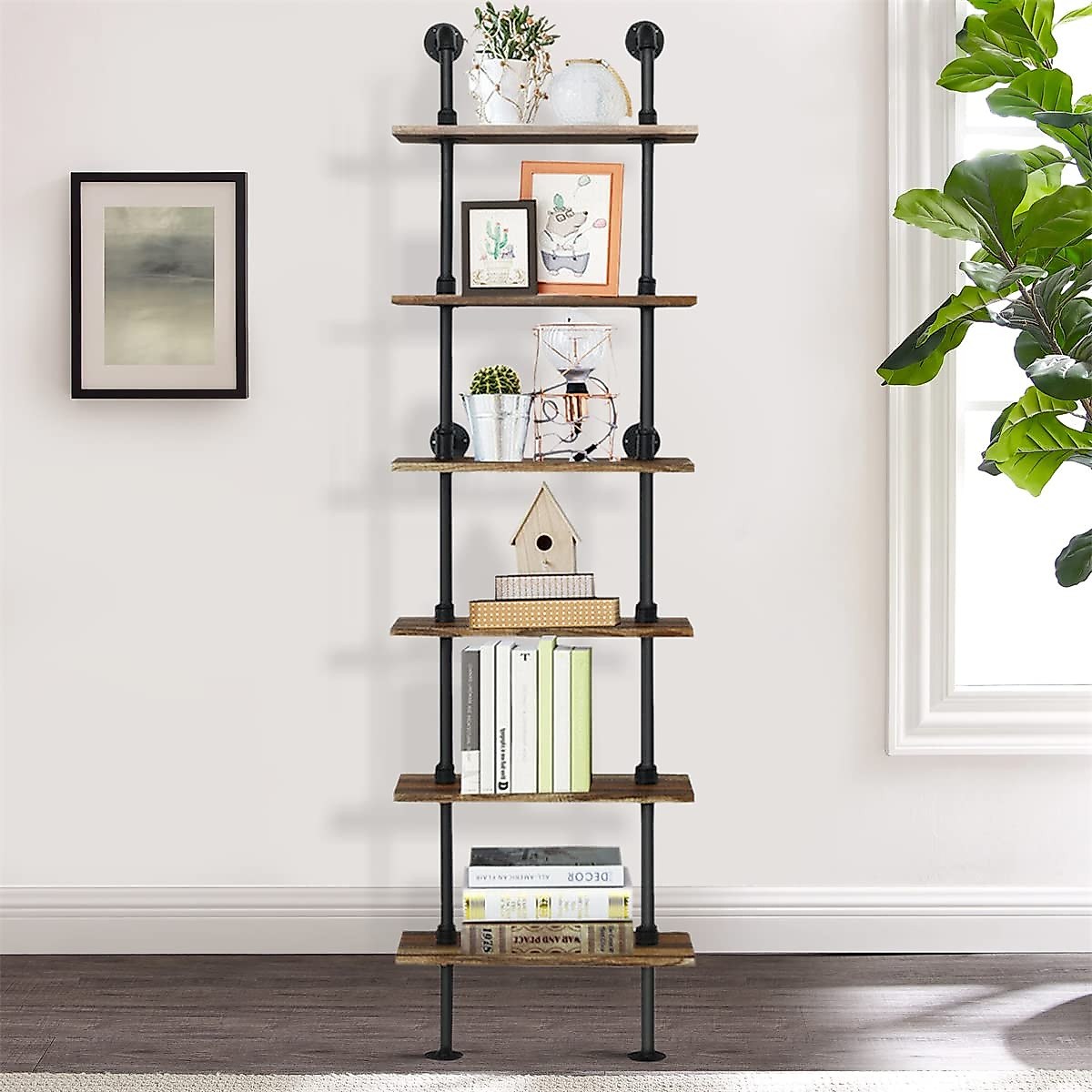 Liviza 6-Tier Pipe Wall Mounted Shelf, Rustic Vintage Industrial Bookcase, Wood Storage Bookshelf for Living Room, Apartment, Small Space