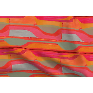 Spoonflower Fabric - Mid Century Corals Red Orange Coral Gray Modern Art Abstract Sunset Printed on Denim Fabric by The Yard - Bottomweight Apparel Home Decor Upholstery