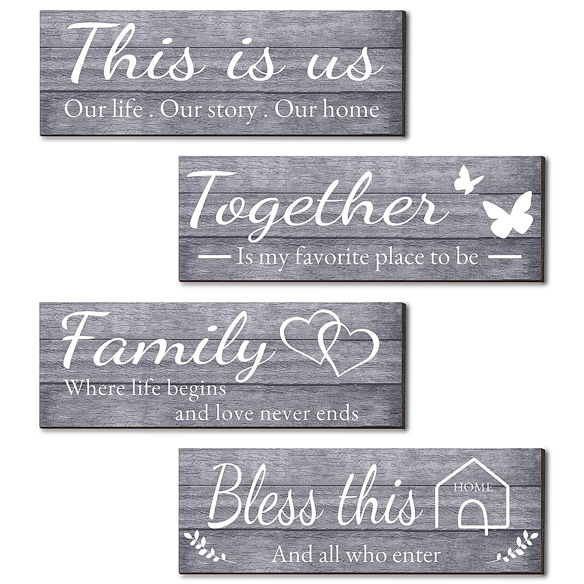 Joyhawk 4 Pieces Wall Decor Signs, THIS IS US, TOGETHER, BLESS THIS HOME, FAMILY Rustic Wooden Farmhouse Wall Art Décor For Living Room Bedroom Kitchen, , 4.7 x 13.8 Inch(Grey)