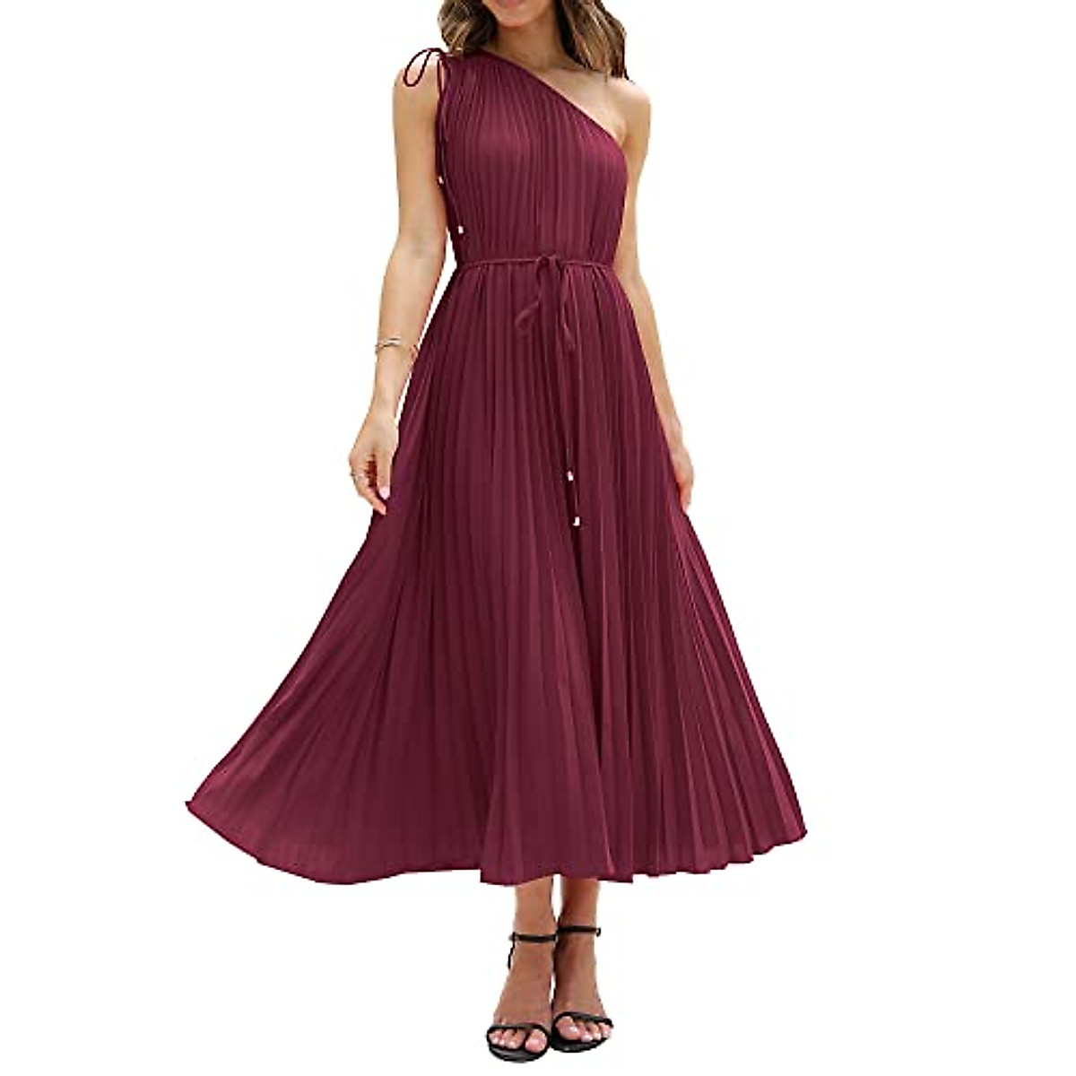 BTFBM Women's Drawstring One Shoulder Maxi Dresses Summer Sleeveless Tie Waist Pleated Long Flowy Party Cocktail Dress(Solid Wine Red, Medium)