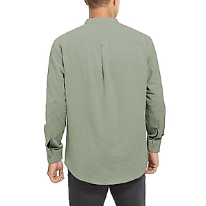 TUREFACE Mens Long Sleeve Shirt Green Cotton Linen Button Front Shirts Banded Collar Casual Beach Shirts