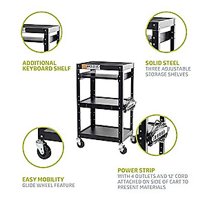Pearington AV Presentation Cart Stand for Video Projector, TV, Laptop Computers, Printers, Metal Construction Rolling Storage Cart with Adjustable Shelves, 4 Wheels, 4 Outlets, 12ft Cord, Black