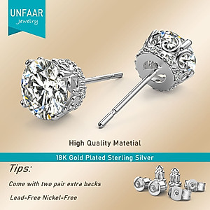 UNFAAR 18K White Gold Plated Sterling Silver Brilliant Round Cut Cubic Zirconia Stud Earrings Simulated Diamond Stud Earrings for Women Men Hypoallergenic (White Gold)