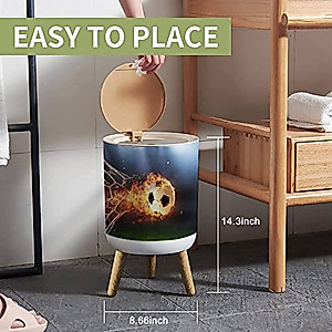 IBPNKFAZ89 Small Trash Can with Lid Fiery Soccer Ball in Goal with Net in Flames Garbage Bin Wood Waste Bin Press Cover Round Wastebasket for Bathroom Bedroom Office Kitchen