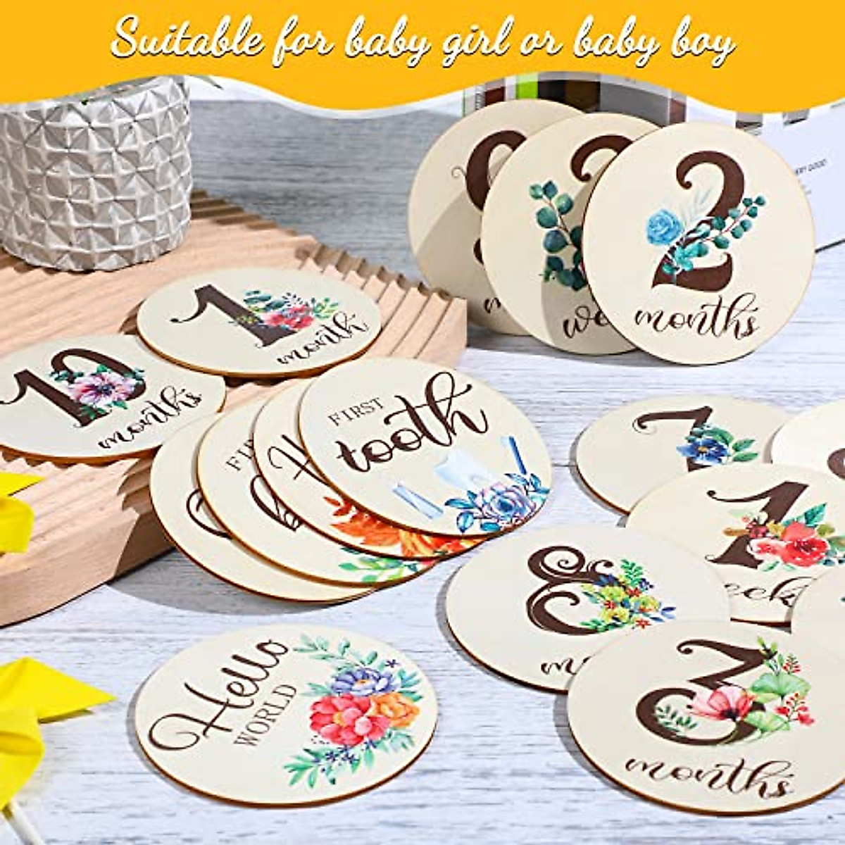 16 Pieces Wooden Baby Monthly Milestone Cards Floral Baby Monthly Milestone Marker Discs Double Sided Monthly Milestone Wooden Circles Baby Months Signs for Baby Shower Newborn Photo Props